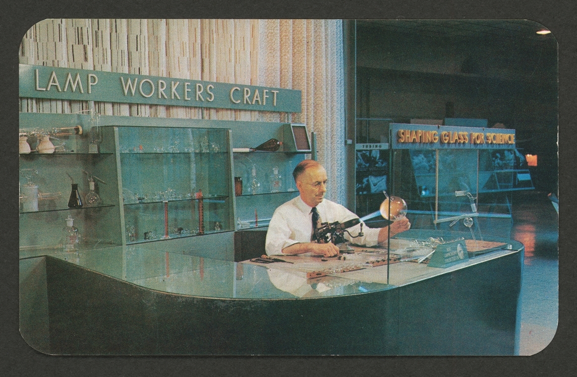 Postcard of lampworker Pat Keeler in Hall of Science and Industry, 1951 ...
