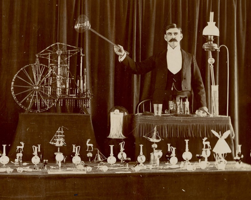 Glass Exhibition Featuring Spinning Wheel and Glass Steam Engine, 1904 ...
